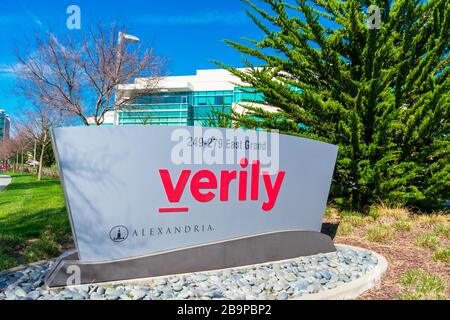 Facade with sign and logo at headquarters of life sciences company ...