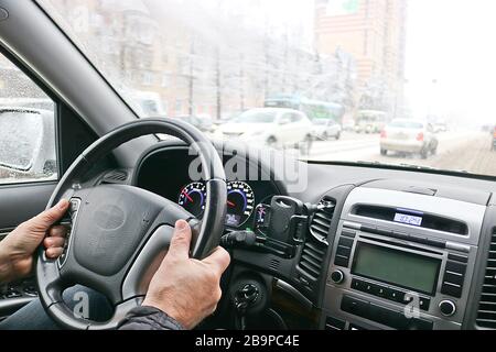 View of steering wheel in modern car, closeup Stock Photo - Alamy