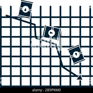 oil crash concept, oil barrels and financial descending arrow over ...