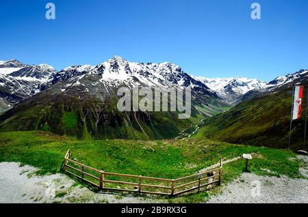 Austria, Tirol, Pitztaler glacier in Austrian alps and Tyrolean flag ...
