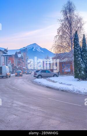 Bansko, Bulgaria - December 6, 2019: Pirin street view, traditional ...