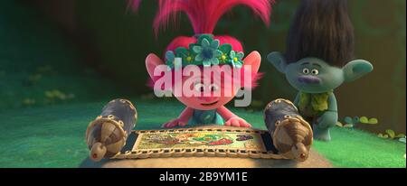 TROLLS WORLD TOUR, from left: Marimba (voice: Berenice Amador), Branch ...