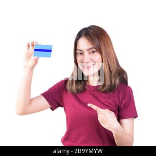 happy woman pointing at credit card isolated on pink Stock Photo - Alamy