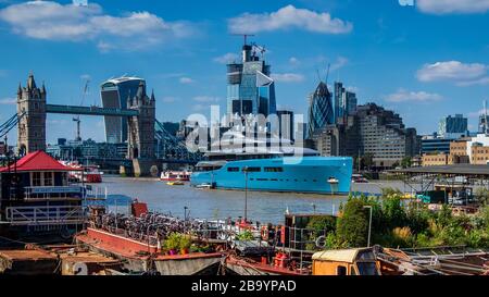 Aviva III Joe Lewis 98m SuperYacht moored on the River Thames in ...