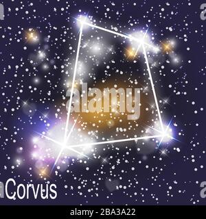 Corvus (The Raven) constellation, vector illustration with the names of ...