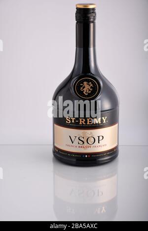 Studio shot of 750ml bottle of ST Remy VSOP French Brandy with white ...
