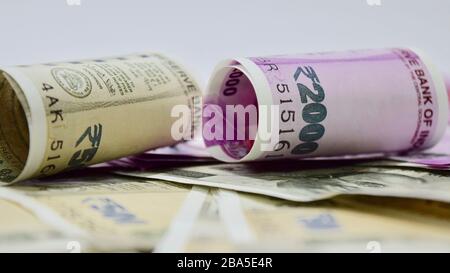 View of rolled new paper currency of india Stock Photo - Alamy