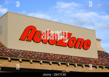 General overall view of AutoZone signage on Wednesday March 25 2020 in Riverside Calif. The auto parts retailer announced Tuesday they are no longer allowing employees inside customers cars to help st...