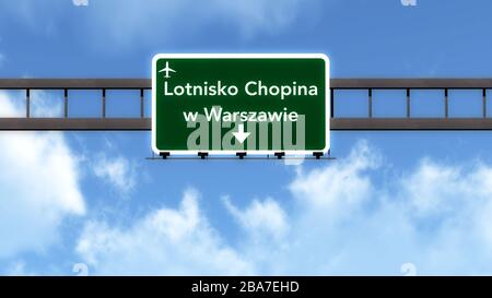 Warsaw Poland Airport Highway Road Sign at Night 3D Illustration Stock ...