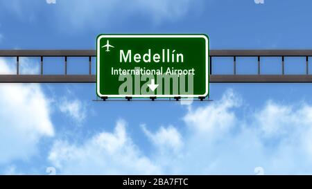 Medellin Colombia Airport Highway Road Sign at Night 3D Illustration ...