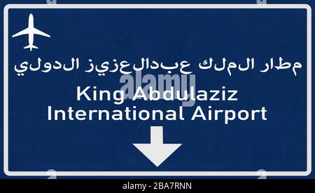 Jeddah Saudi Arabia Airport Highway Road Sign at Night 3D Illustration ...