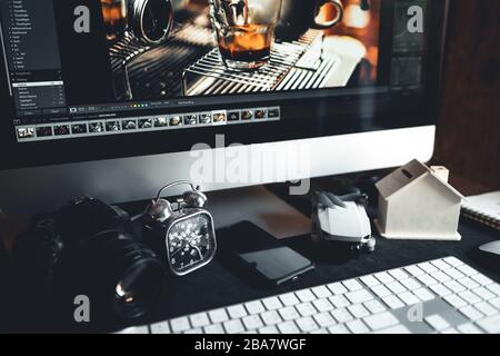 Home office desk,Computers and cameras on the desk,Work at home Stock ...