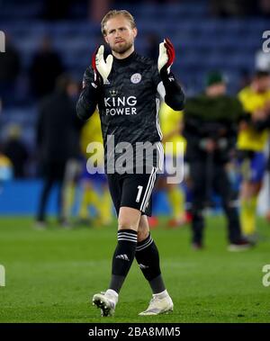 Kasper Schmeichel of Leicester City applauds the Leicester fans after ...