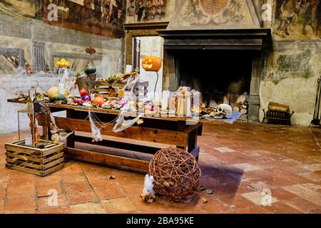 Halloween themed composition in a medieval castle. There are pumpkins ...