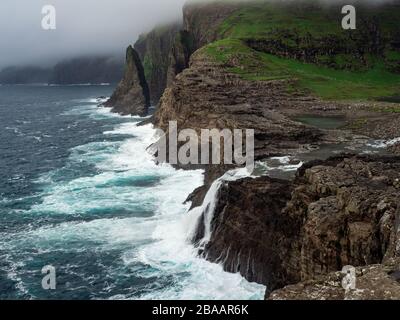 Sorvagsvatn lake and Bosdalafossur waterfall on Vagar island aerial ...