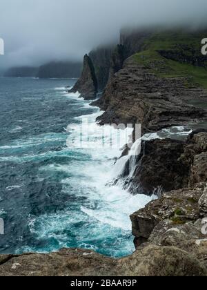 Sorvagsvatn lake and Bosdalafossur waterfall on Vagar island aerial ...