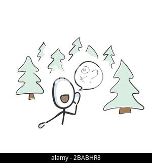 Cartoon vector stickman man lost sitting naked on the piece of wood ...