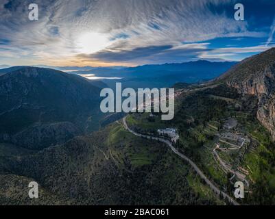 Aerial view of Delphi, Greece, the Gulf of Corinth, orange color of ...