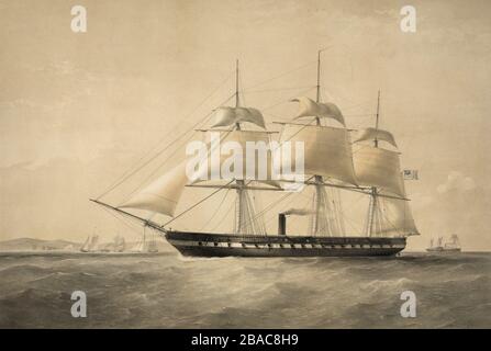 US Civil War steam frigate. Sailors manning the yards of a steam ...