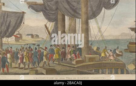 The Destruction of Tea at Boston Harbor, hand coloured engraving ...
