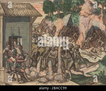 Slaves pour ore in front of European soldiers. In the background ...