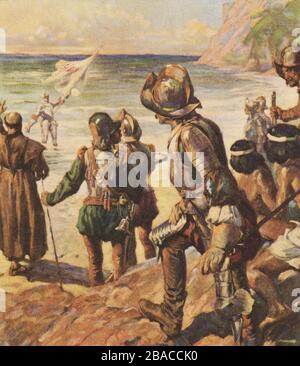 Discovery by Vasco Nunez de Balboa of the Pacific Ocean, taking ...