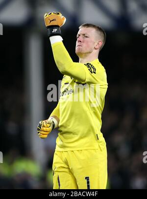 Everton goalkeeper Jordan Pickford celebrates their side's first goal ...