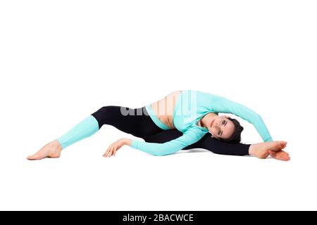 Young female gymnasts doing vertical leg-split Stock Photo - Alamy