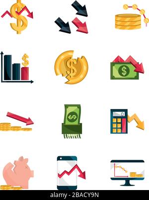computer diagram decrease coins money stock market crash vector illustration isolated icon Stock ...