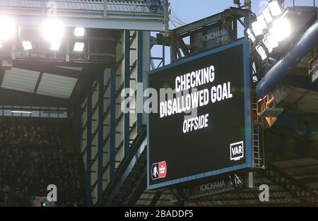 A general view of a VAR check on Tottenham Hotspur's Cristian Romero ...