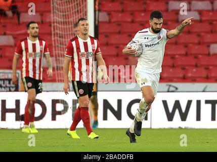 AFC Fylde's Jordan Williams (right) celebrates scoring his side's first ...
