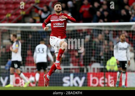 Middlesbrough's Lewis Wing celebrates scoring his side's first goal of ...