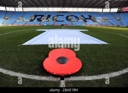 Giant Coventry City shirt and Poppy on the pitch at the Ricoh Arena ...