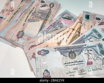 UAE currency bank notes of Thousand dirhams, Two hundred dirhams and ...