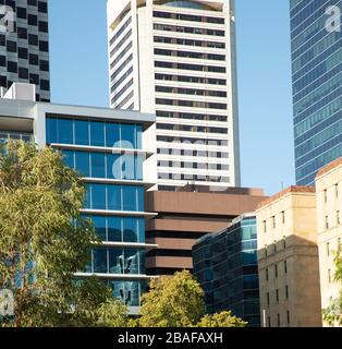 Tall buildings in downtown Perth in the evening around sunset Stock ...
