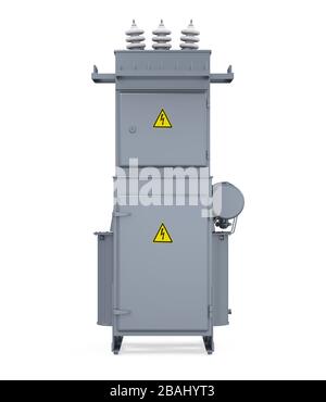 High voltage power transformer. 3D rendering isolated on white ...