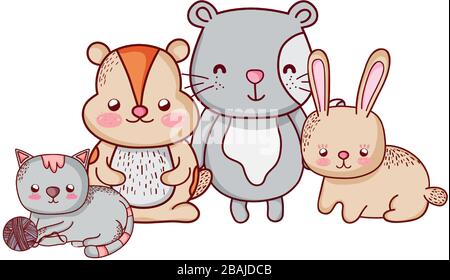 cute animals, rabbit beaver cat and rabbit bush sun clouds cartoon ...