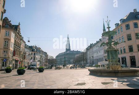 Empty streets of Copenhagen's busiest shopping street with the Danish ...