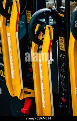 Limassol Cyprus March 28, 2020 View of electric scooters parked in the ...