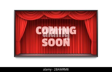 Coming Soon poster with red stage curtains 3D illustration Stock Photo ...