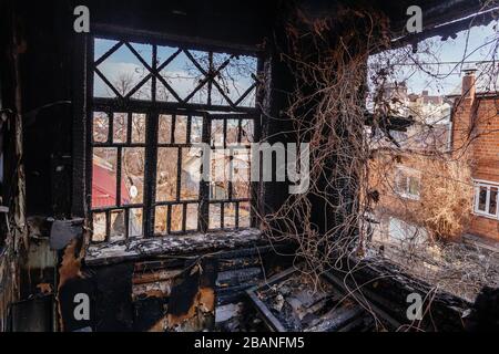 Burnt wooden house interior. Consequences of fire Stock Photo - Alamy