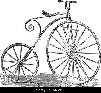 Boneshaker, bicycle, Vintage Engraved line art drawing black and white ...