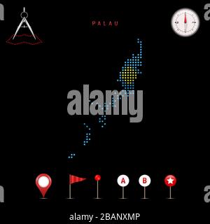 Dotted Map of Palau. Simple Silhouette of Palau. The National Flag of Palau. Set of Multicolored ...