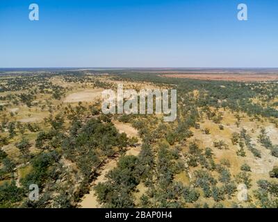 Aerial of the Bulloo River during extended drought at Soonah Crossing ...