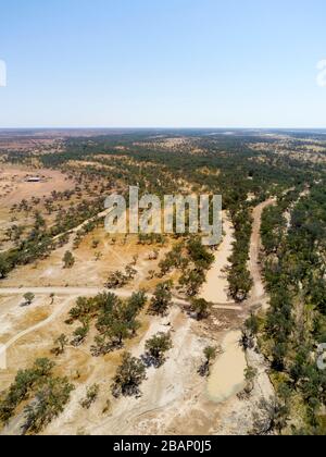 Aerial of the Bulloo River during extended drought at Soonah Crossing ...