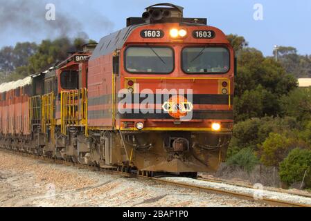 Freight train carrying gypsum running on an isolated line from Kevin to ...