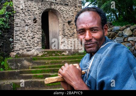 Debre Sina Beta Maryam church, Lake Tana, Bahir Dar, Ethiopia. A priest ...