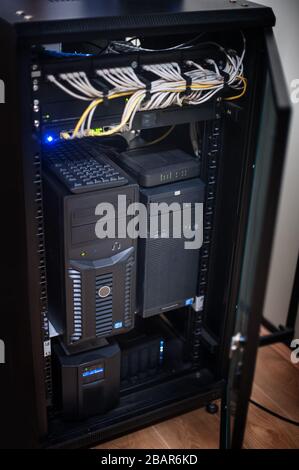 Network server, switch and routers. Many wires connect Internet servers ...