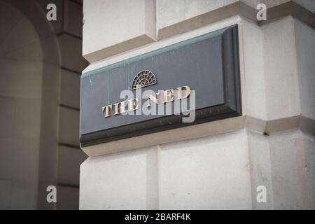 The Ned, external signage of the 5 star hotel and private members club ...