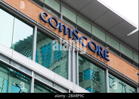 A logo sign outside of the headquarters of Comscore in Reston, Virginia ...